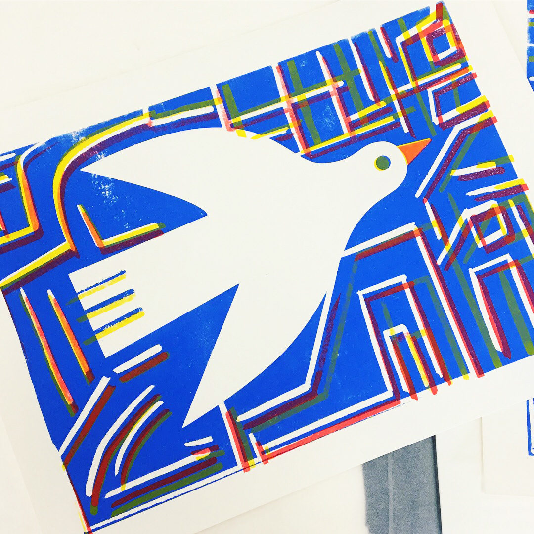 happy bird screenprint - Thereza Rowe illustration
