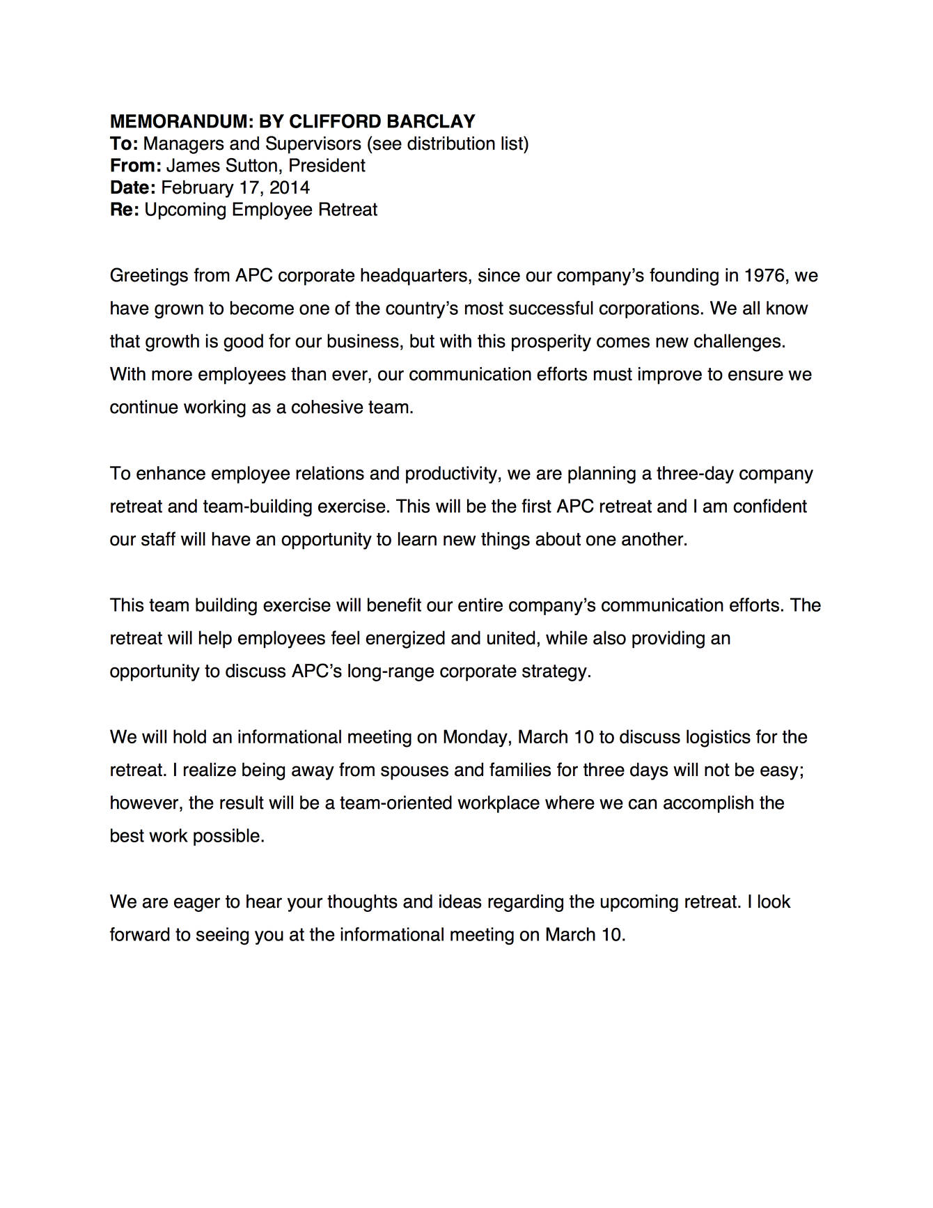 Memorandum - Clifford Barclay