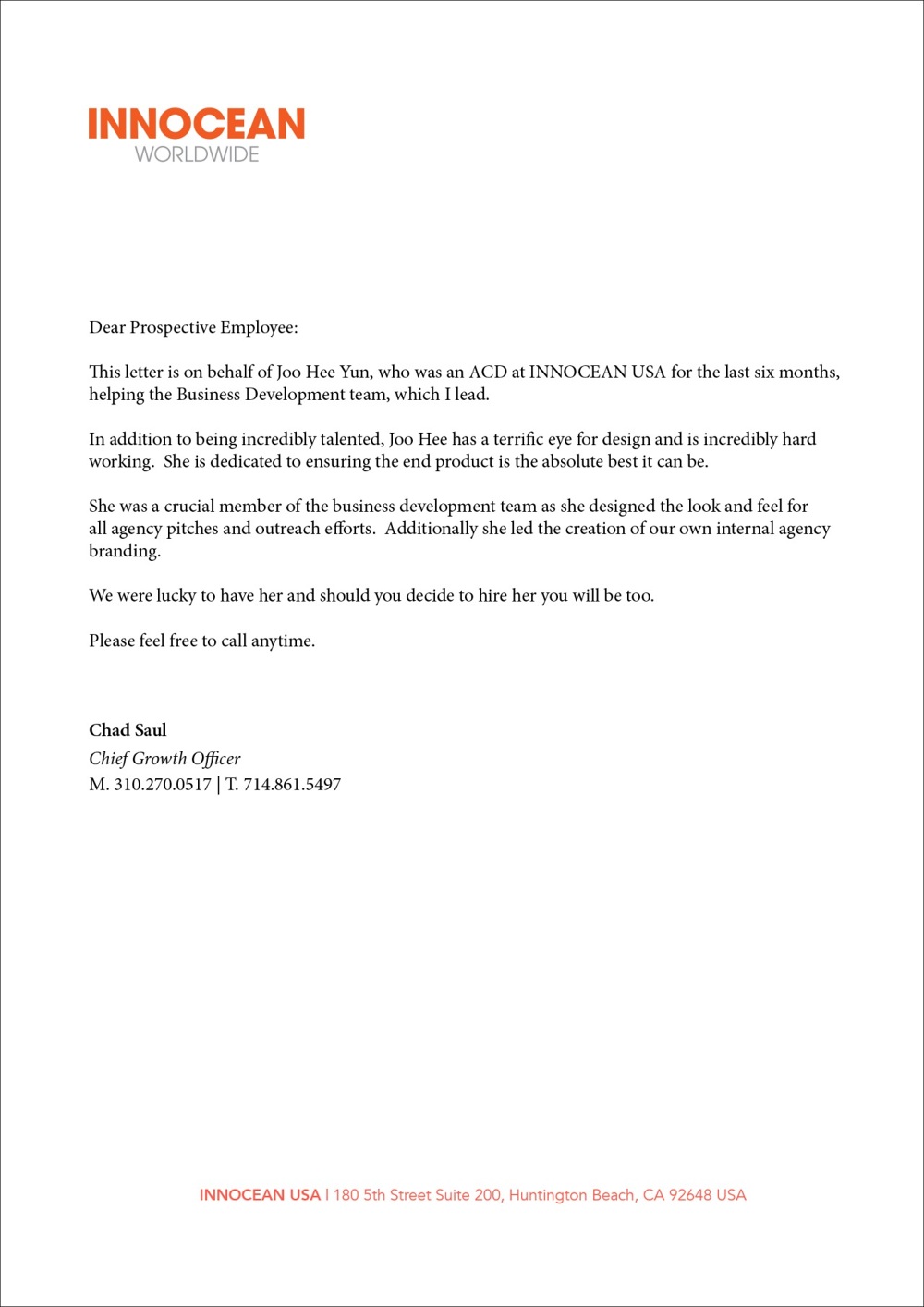 Letter of Recommendation - Joo-Hee Yun 윤주희 | Advertising + Branding
