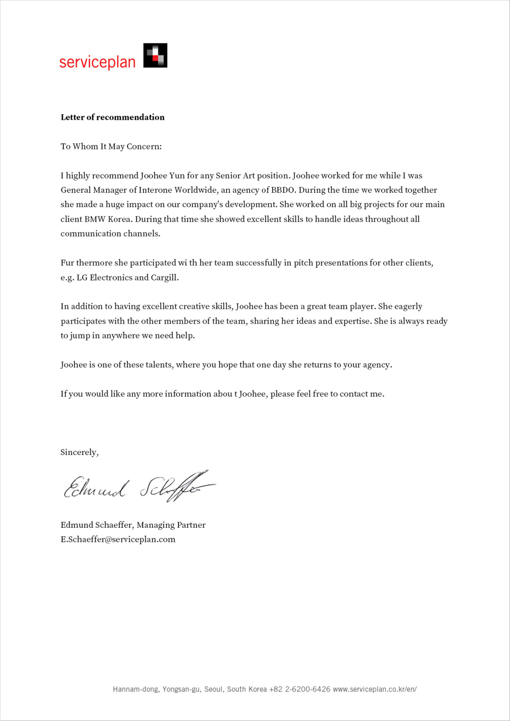 Letter of Recommendation - Joo-Hee Yun 윤주희 | Advertising + Branding