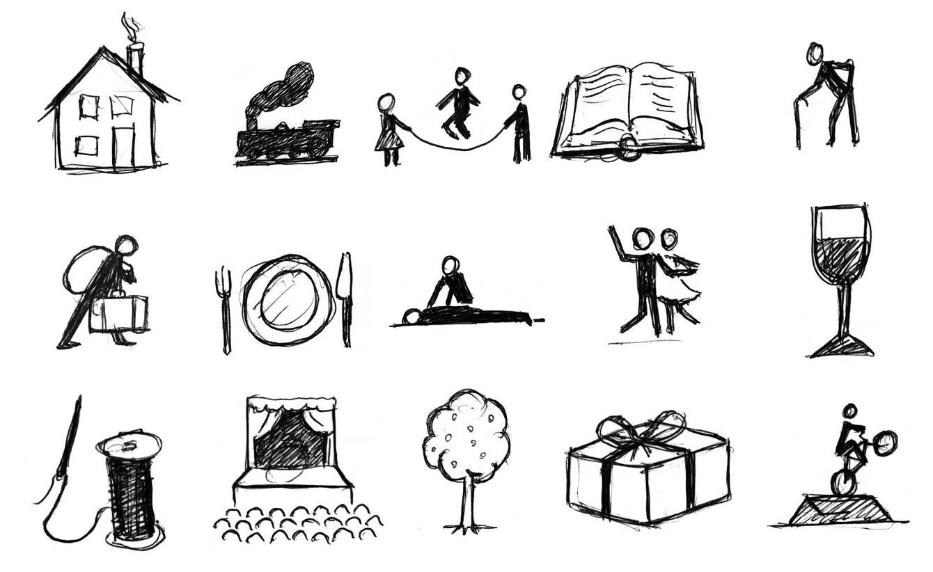 Piktogramm-Skizzen auf Bauplache - Minks –– Illustration und Grafik