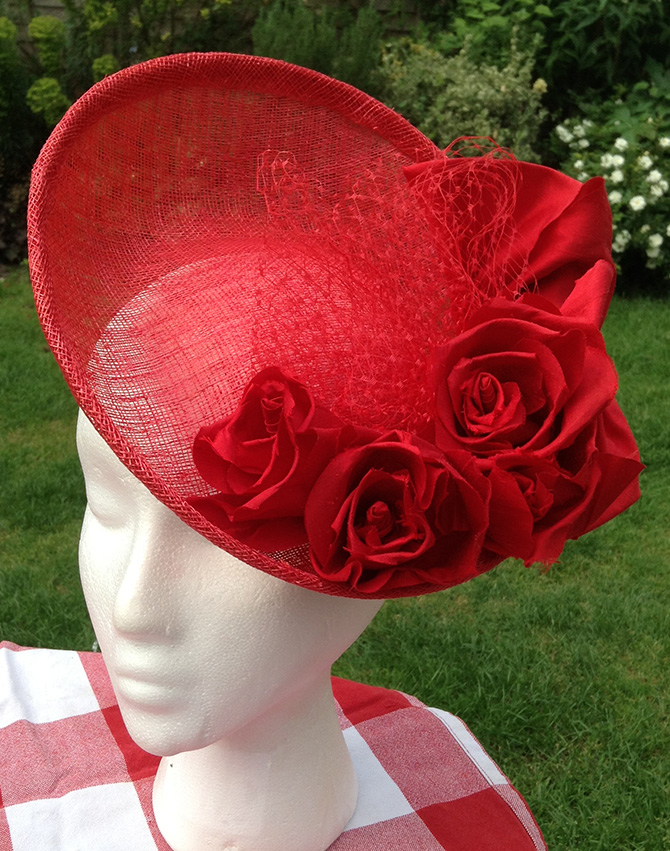 Red Rose Flower Sinamay Fascinator Hat - Pleated Rose