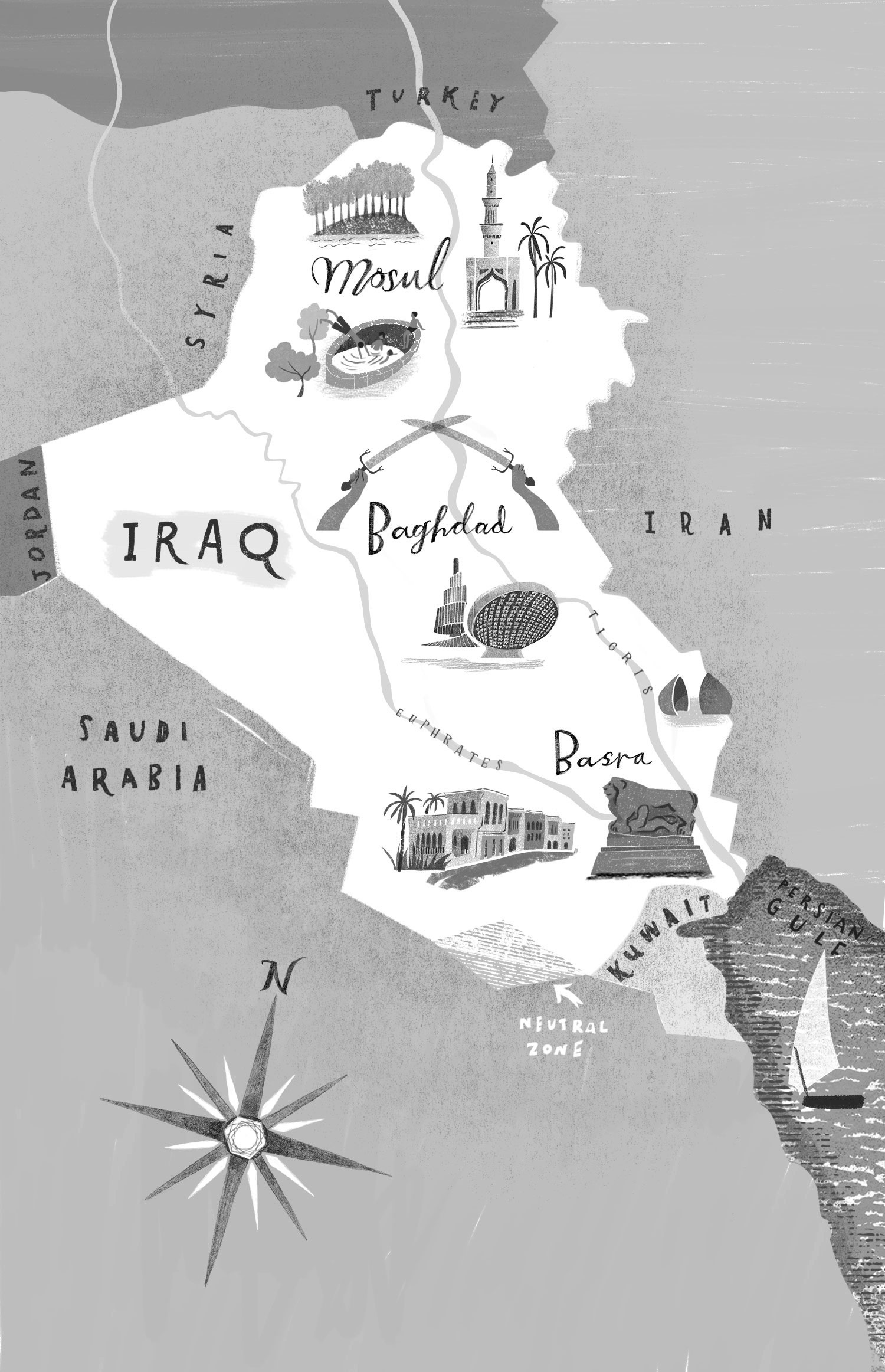 Illustrated map of Iraq 1991 for 'Playing Atari with Saddam Hussein: A ...