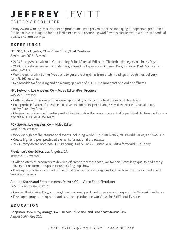 Jeff Levitt Résumé - Jeff Levitt Producer/Editor