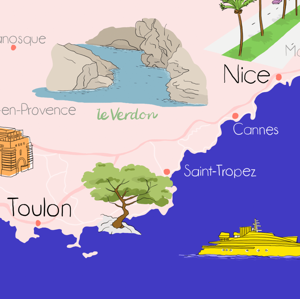 Map of the South Coast of France - Claire Rollet illustrator