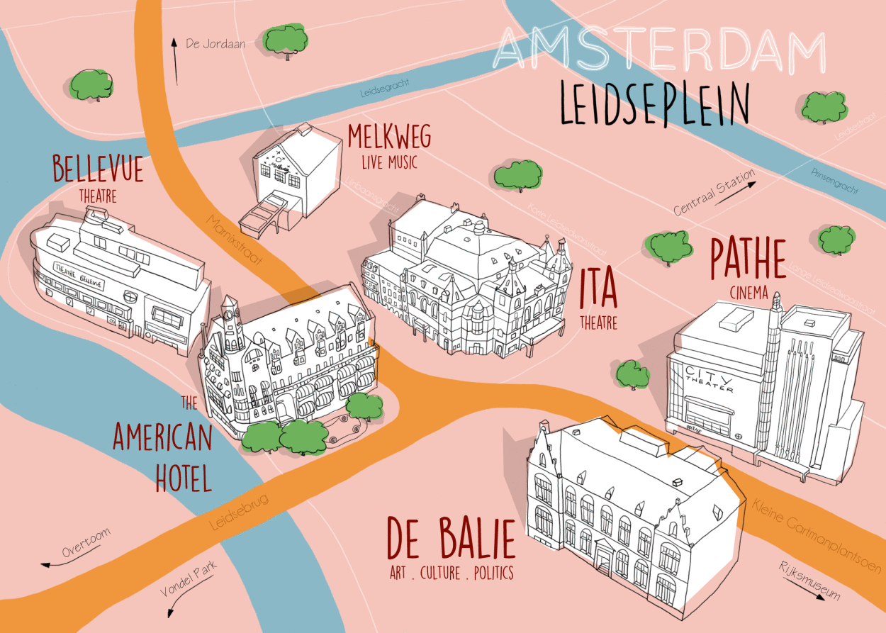 Amsterdam's theatre square, Leidseplein - Claire Rollet illustrator