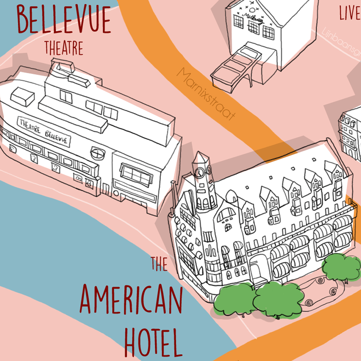 Amsterdam's theatre square, Leidseplein - Claire Rollet illustrator