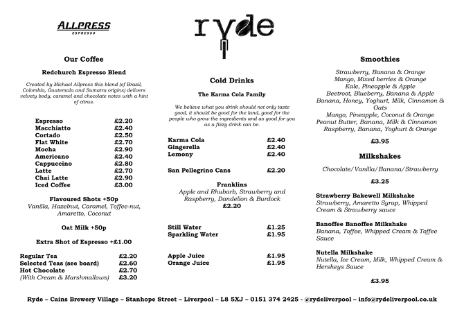 Coffee Menu - Ryde Liverpool