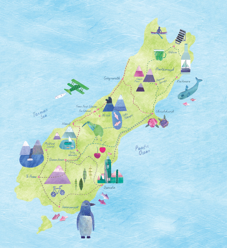 New Zealand Gourmet Travel Map - Lianne Harrison Illustration
