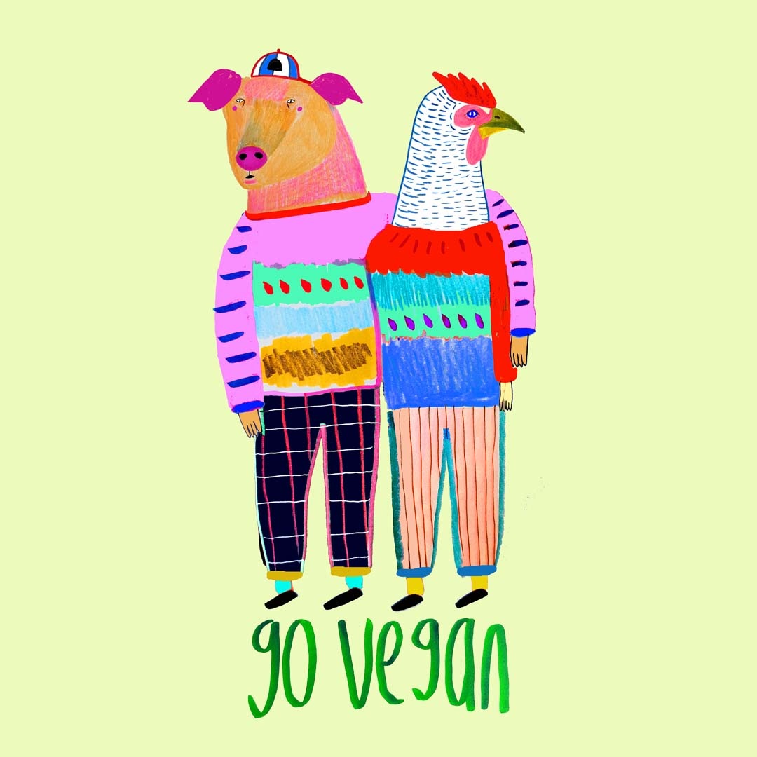 vegan art, vegan illustration, chicken, pig, animals, childrens ...