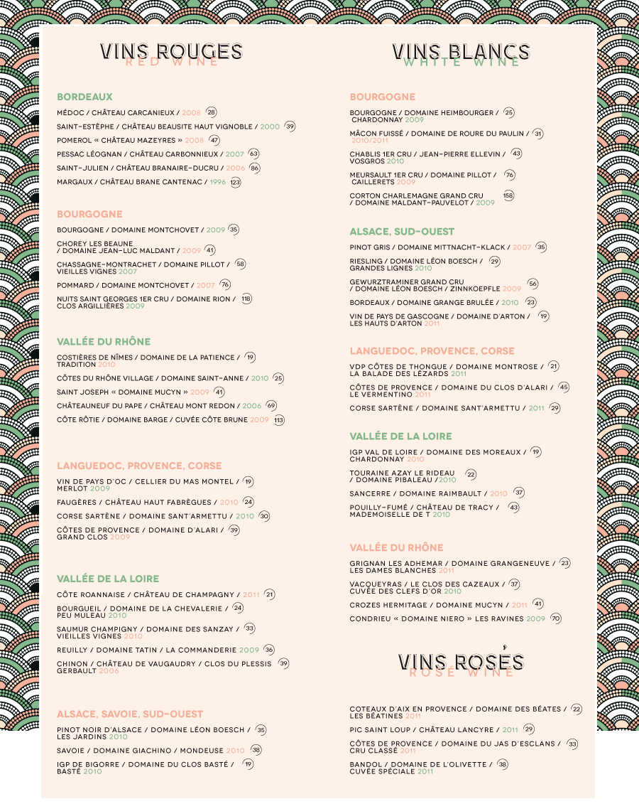 la Carte des Vins - Restaurant Le Dorcia, 24 rue Feydeau, Paris