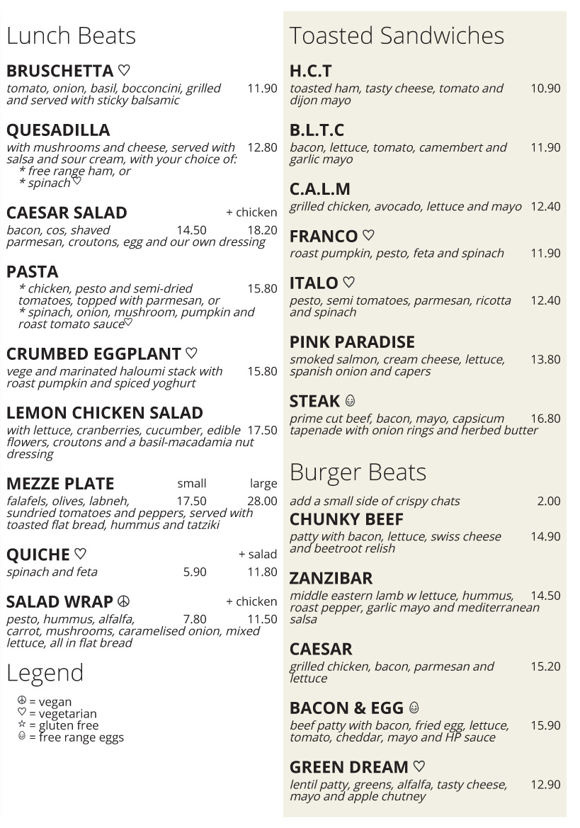 Todays Menu - Sugar Beat Cafe