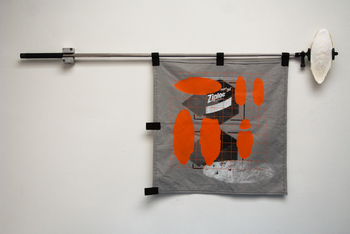 Sepia Stick , 2021, 97cm x 53 cm, screenprint on fabric, selfiestick ...